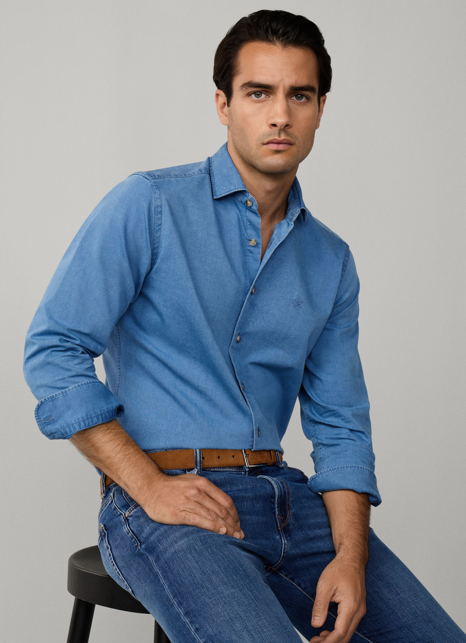 Tailored Fit Mid Blue Denim Shirt | Hackett London